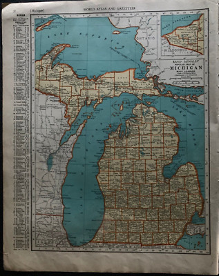 1938 Collier's World Atlas & Gazetteer - 11 x 14 Map of Michigan ...