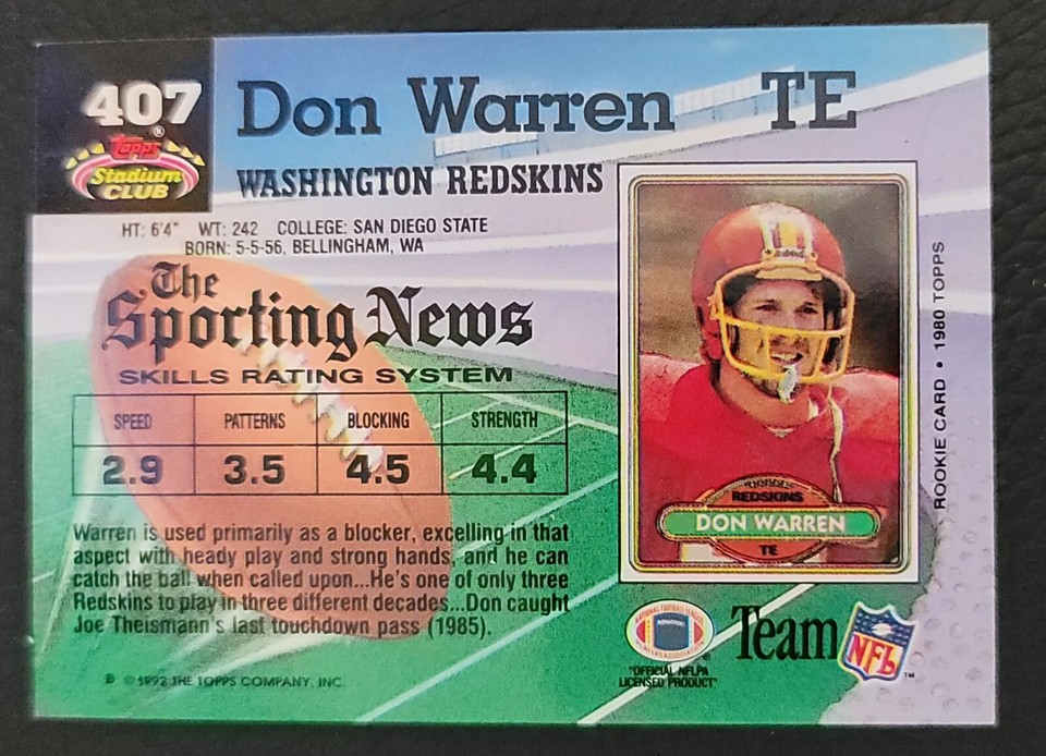 1992 Topps Stadium Club Football #407 Don Warren Washington Redskins | eBay