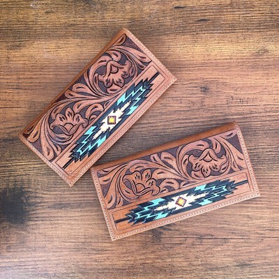 Men's Bifold Leather Wallet Tooled Leather Long Wallet Cowboy Roper ...