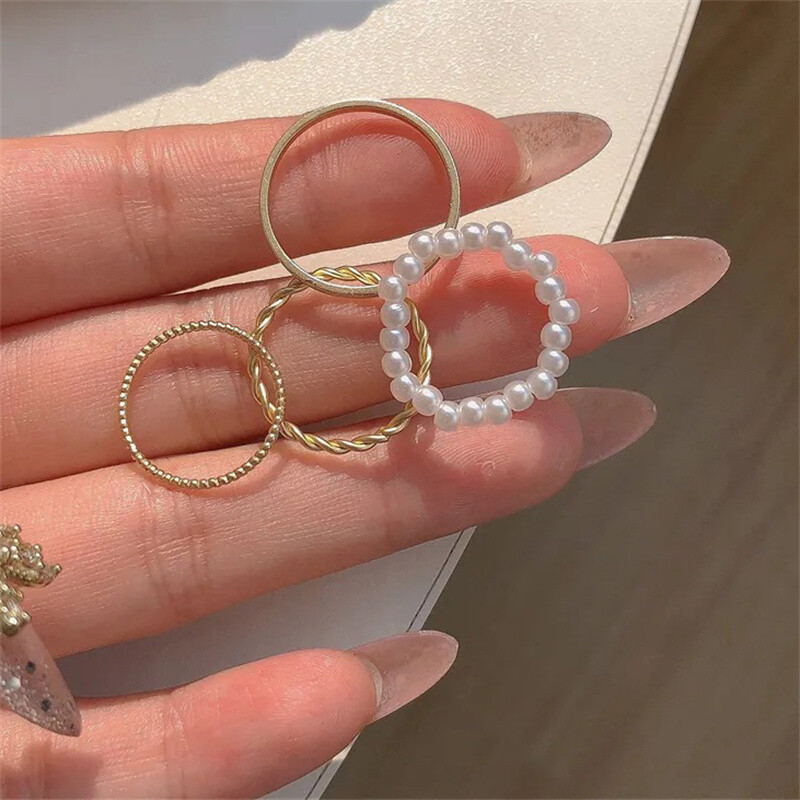 4 Pcs/Set Newest Geometric Pearl Rings Set Fashion Alloy Rings Set For ...
