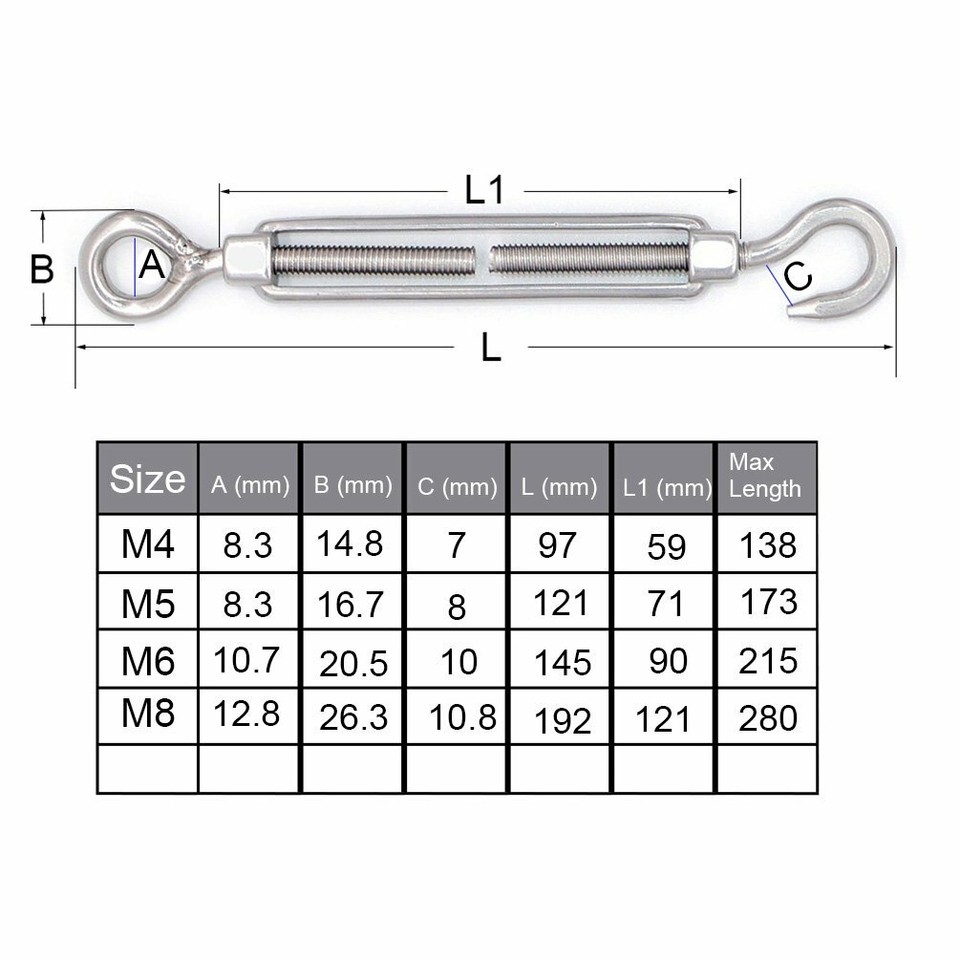 50x TURNBUCKLE M6 316 Stainless Steel Hook & Eye Turnbuckle Hook Wire ...