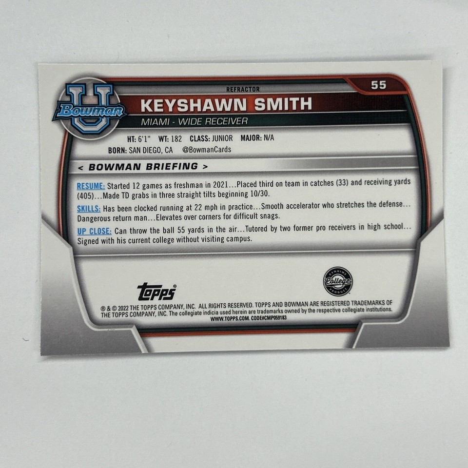 Keyshawn Smith 2022 Bowman U Chrome Refractor 1st Bowman #55 Miami | eBay