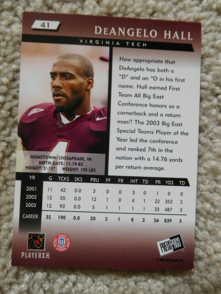 Deangelo Hall Signed 2004 Press Pass RC Rookie Card Falcons Redskins Va ...