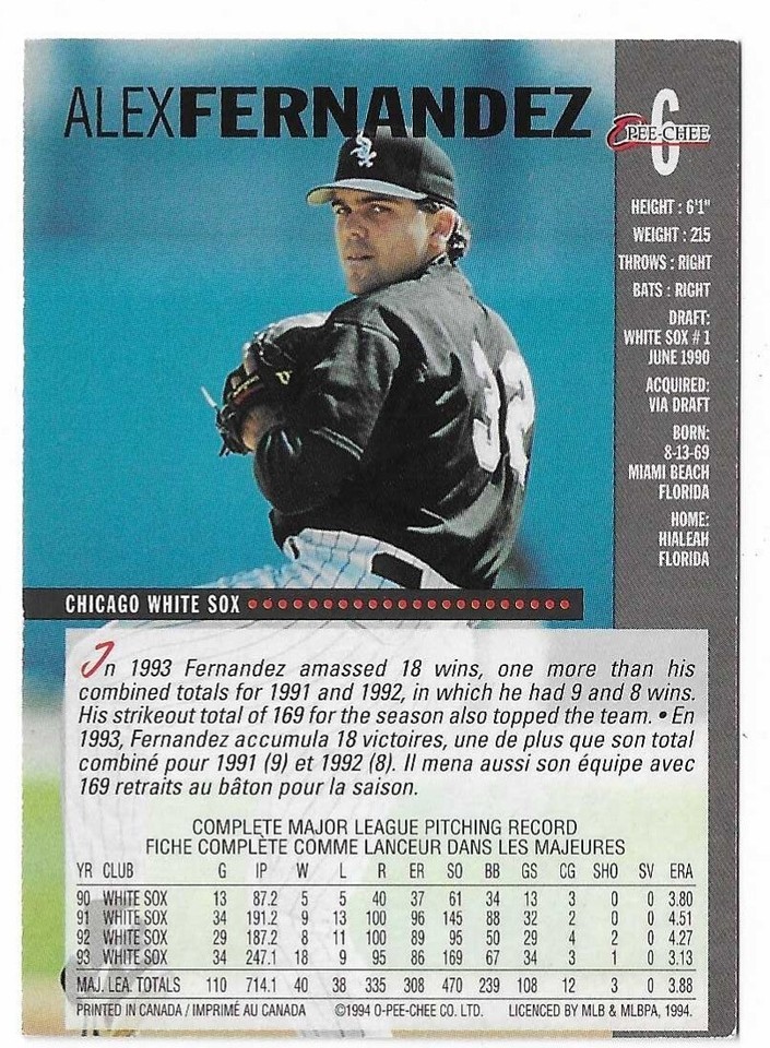 1994 O-Pee-Chee Baseball Alex Fernandez Card #6 Chicago White Sox | eBay