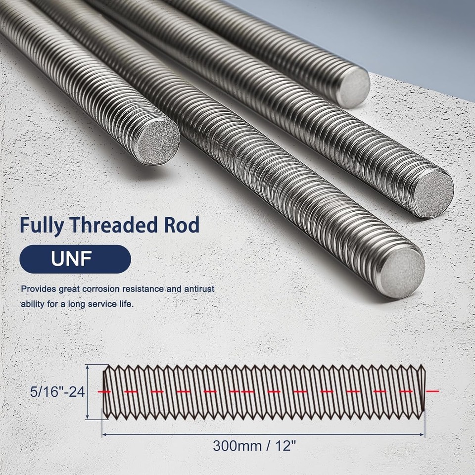 2-Pack 5/16-24 x 12 Fully Threaded Rod 304 Stainless Steel Fine Thread ...