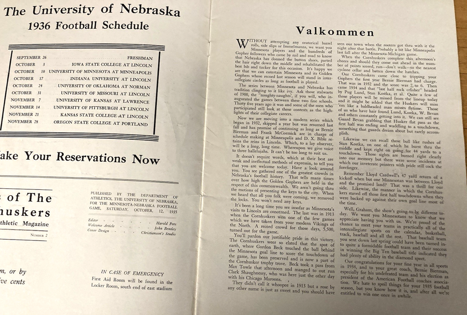 1935 NEBRASKA CORNHUSKERS vs MINNESOTA GOPHERS FOOTBALL PROGRAM-RARE ...
