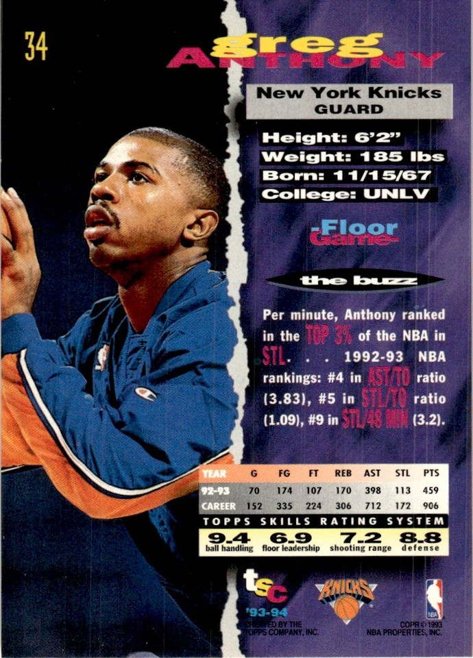 1993-94 Stadium Club Basketball Card Greg Anthony New York Knicks #34 ...