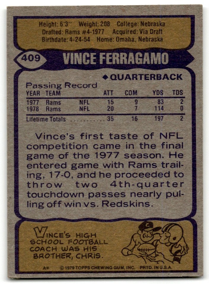 1979 Topps Vince Ferragamo Rookie Los Angeles Rams #409 | eBay