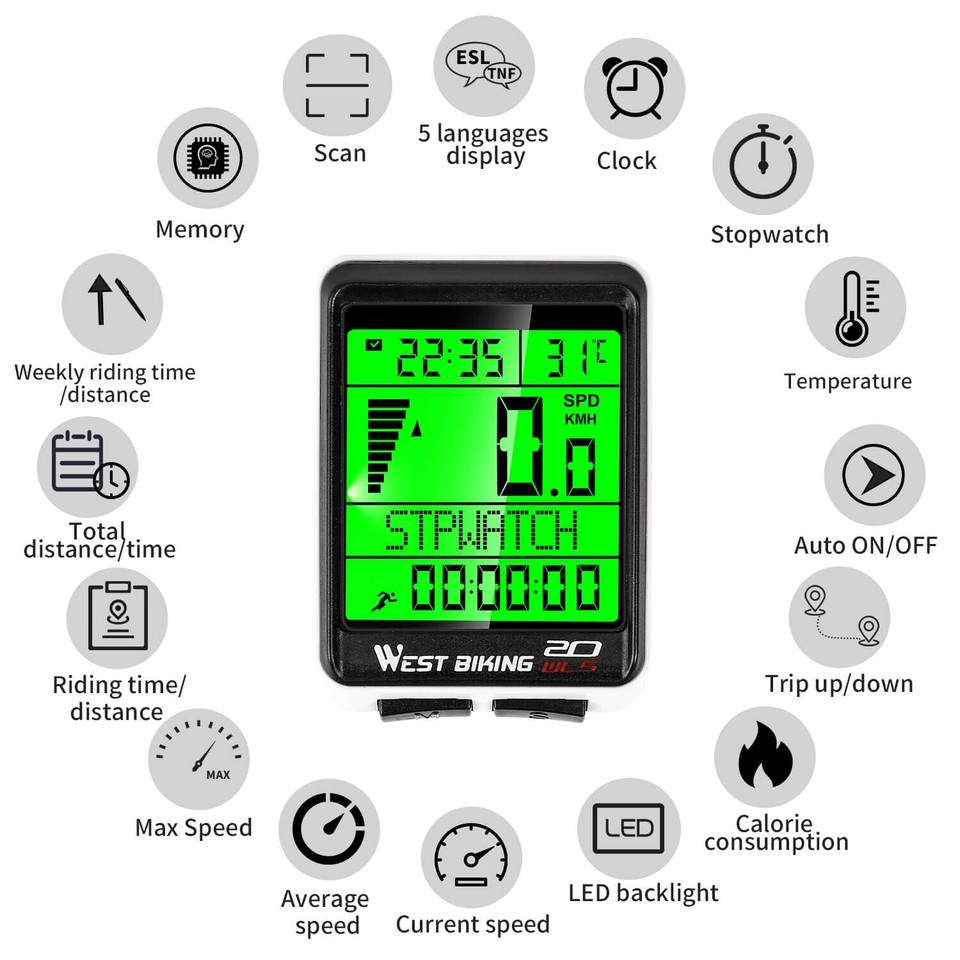 WEST BIKING Wireless Bike Computer Waterproof LCD Bicycle Speedometer ...