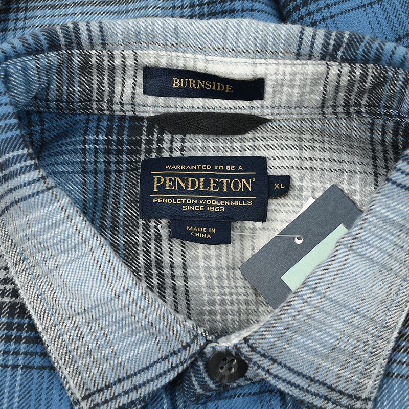 PENDLETON Mens Blue Black Gray Plaid BURNSIDE Cotton Flannel Shirt XL ...