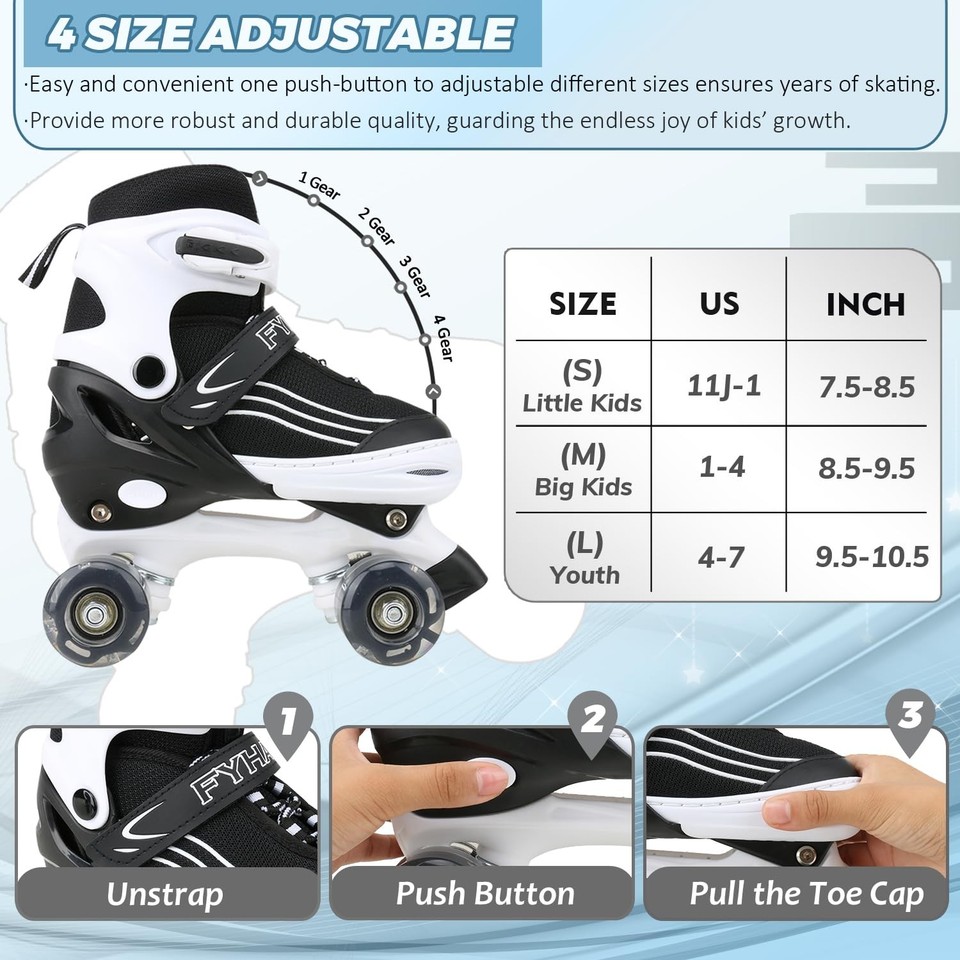 Boys Roller Skates for Girls Kids Child, Adjustable 4 Sizes Quad Roller ...