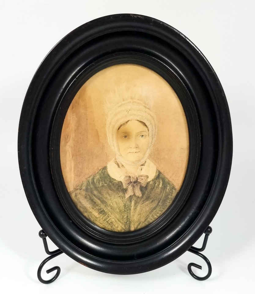 Victorian miniature portrait of a matron in a mob cap oval wood frame ...
