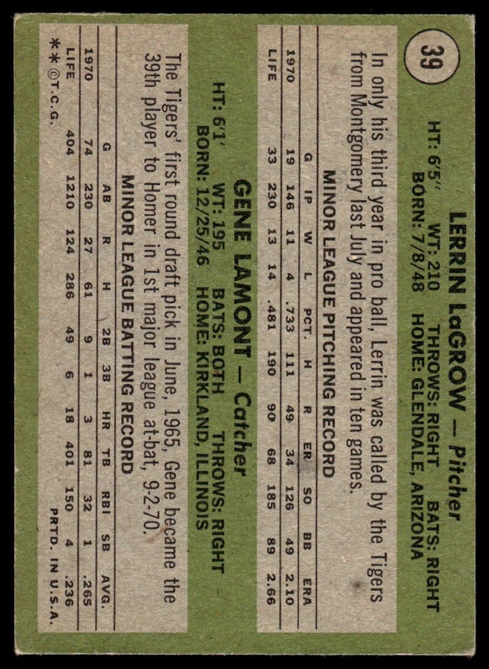 1971 29927* Tigers Rookies - Lerrin LaGrow/Gene Lamont Rookie Detroit ...