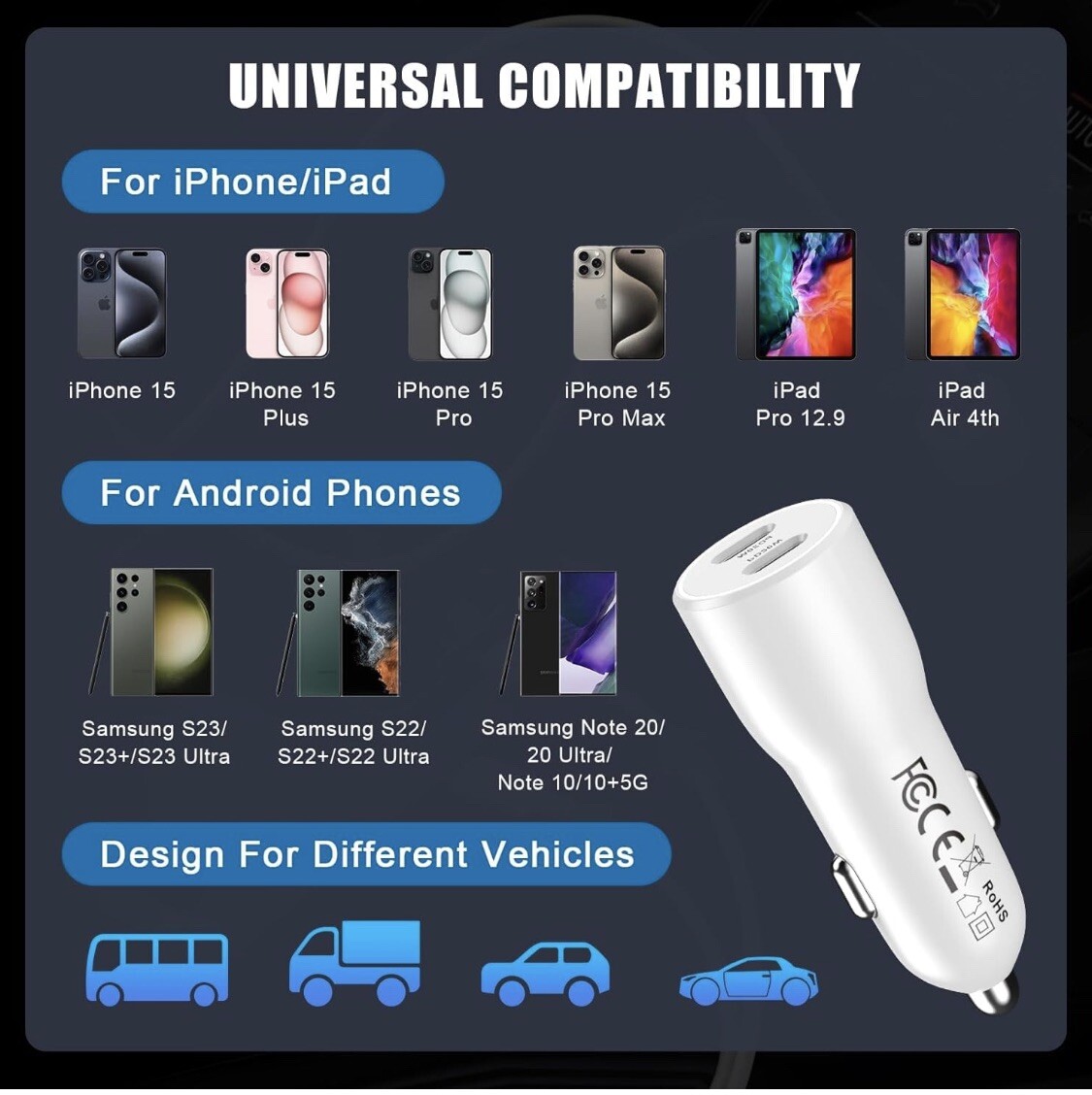 New USB C Car Charger Adapter, 40W Dual USB C Car Charger with 2 Pack ...