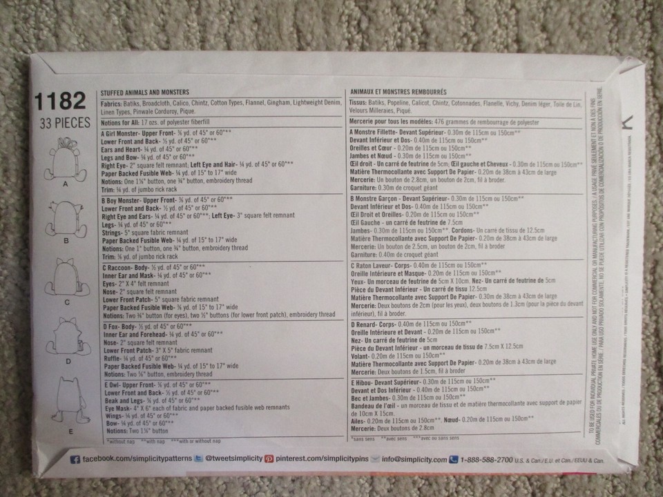 SIMPLICITY STUFFED ANIMAL PATTERN #1182--NEW | eBay