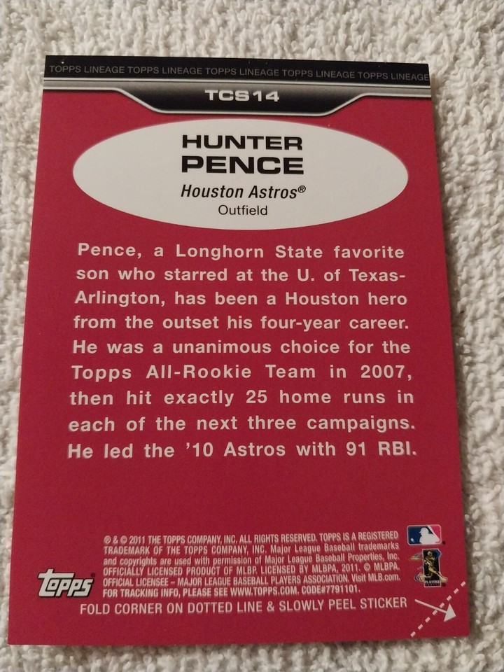 2011 HUNTER PENCE TOPPS LINEAGE CLOSTH BASEBALL CARD #TCS14 HOUSTON ...