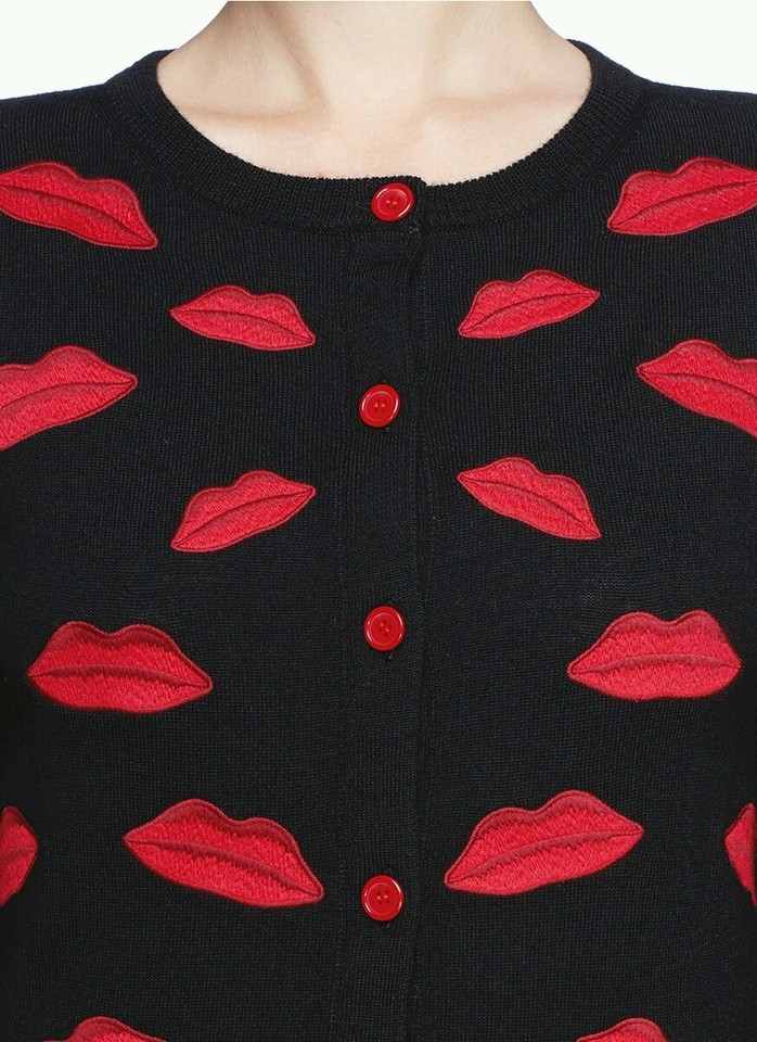 Alice + Olivia Pout Embroidered Lips Sweater Cardigan Wool Knit Top ...