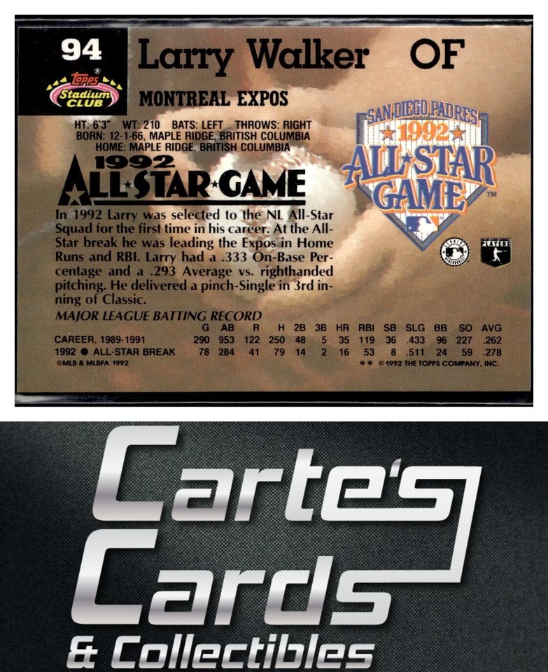 Larry Walker 1993 Topps Stadium Club Jack Murphy #94 Montreal Expos AS ...