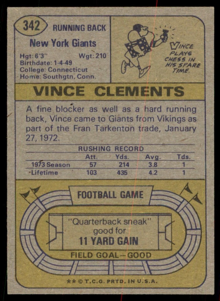 1974 TOPPS VINCE CLEMENTS RC NEW YORK GIANTS #342 | eBay