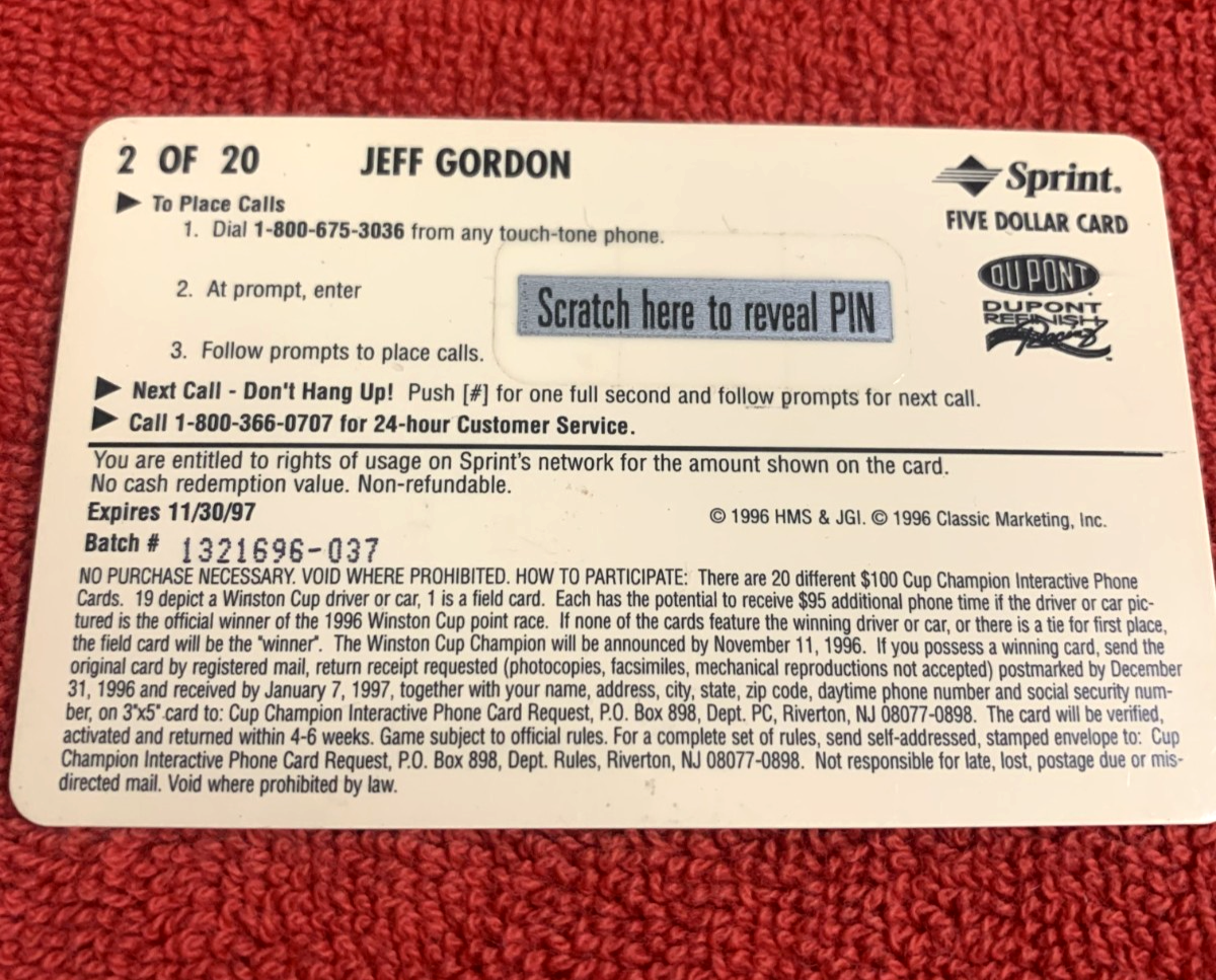 *1996 Assets Racing $100 JEFF GORDON Interactive Phone Card #2/20 | eBay