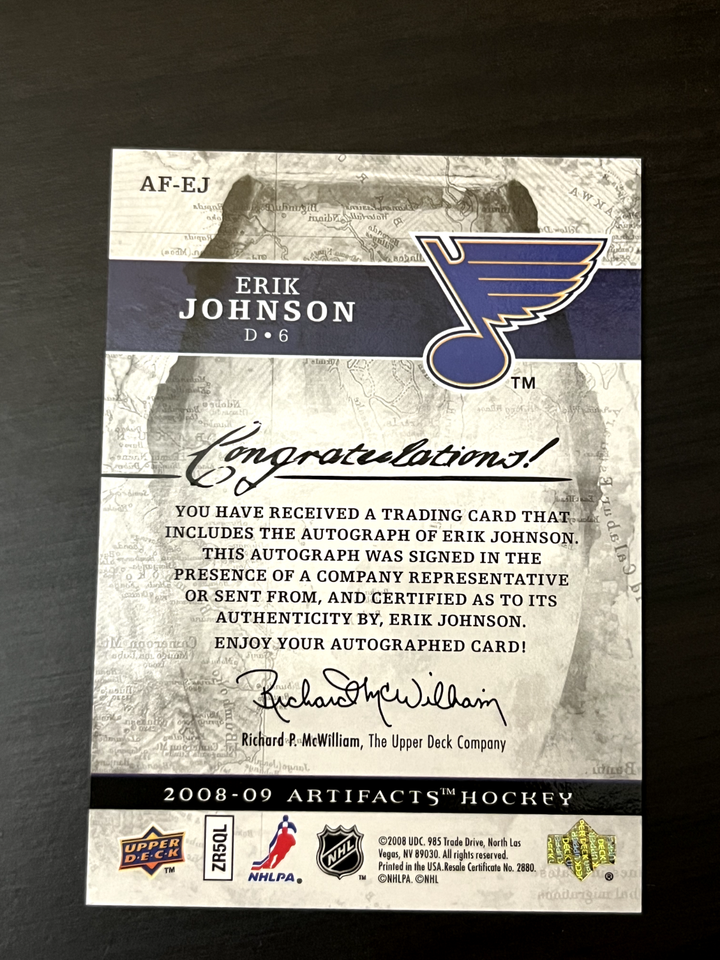 Erik Johnson 2008-09 Artifacts Autofacts Autograph #AF-EJ Auto ...