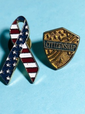 2 Patriotic Pins - USA Ribbon Flag & Old Citizenship Award pin | eBay