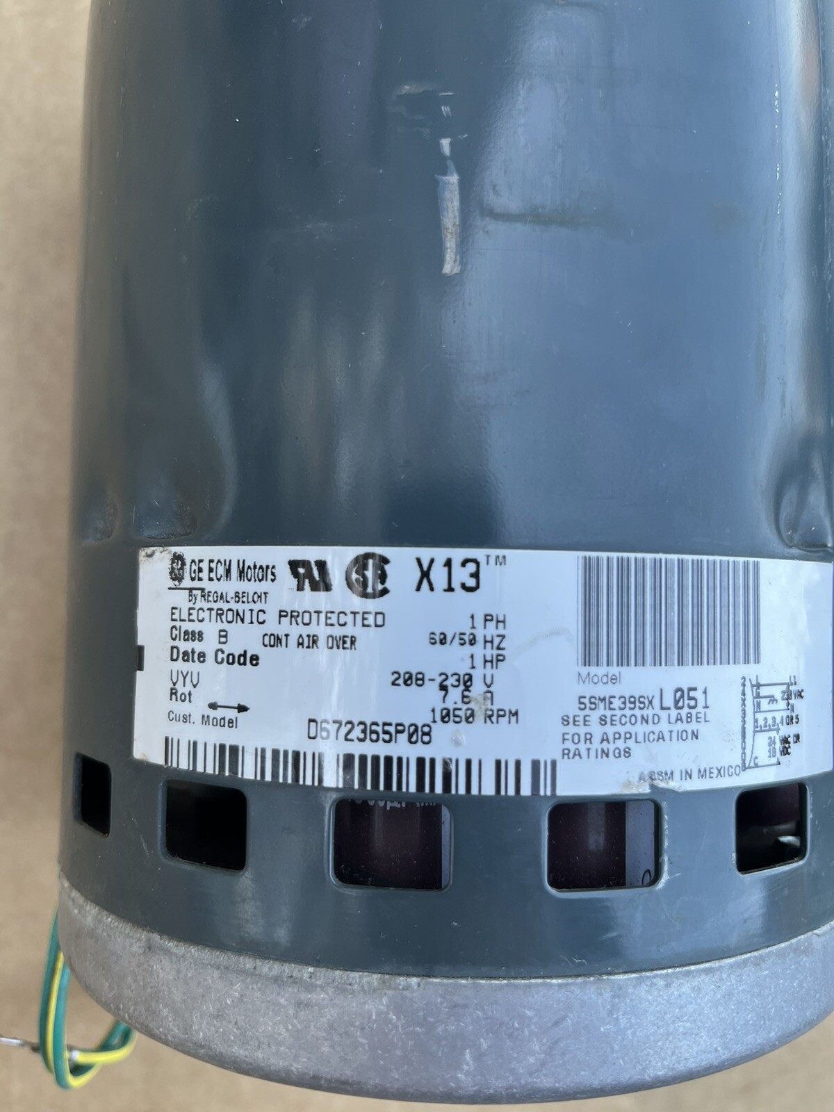 GE ECM X13 Blower Motor 5SME39SXL051 1HP 208/230V 1050RPM D672365P08 ...