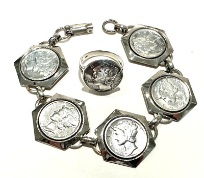 VINTAGE 5 SILVER DIMES COSTUME BRACELET & MATCHING SILVER DIME RING 7.5 ...