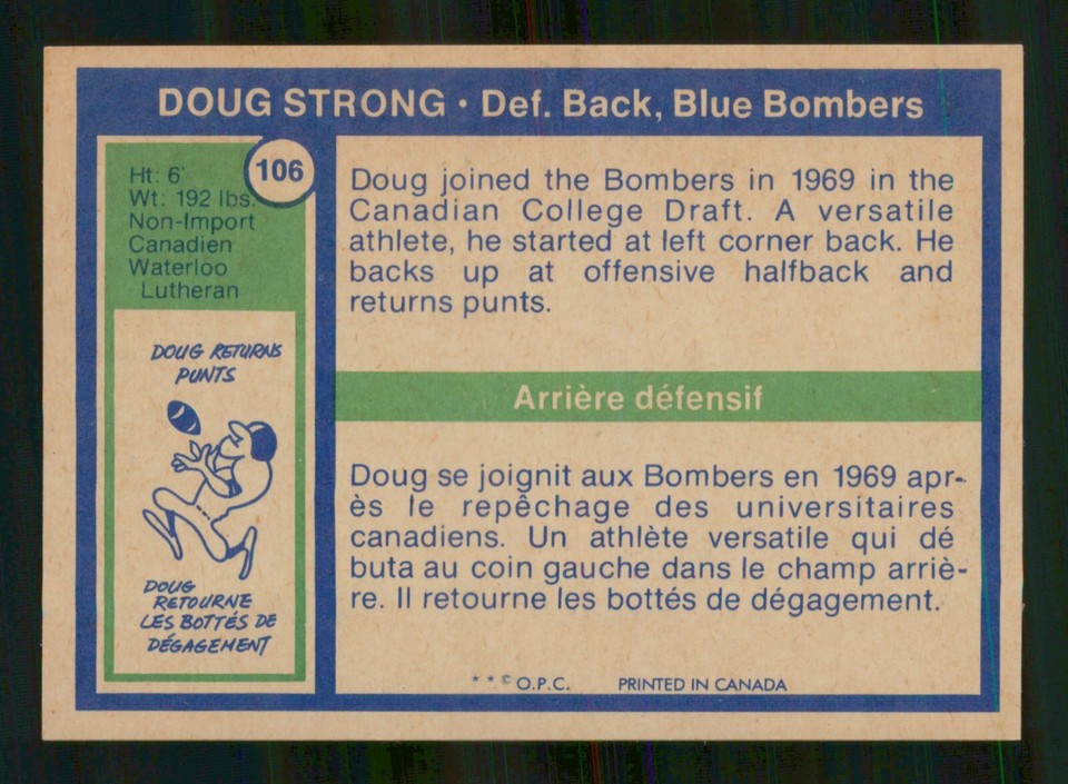DOUG STRONG 1972 O-PEE-CHEE CFL 72 NO 106 NRMINT 39646 | eBay