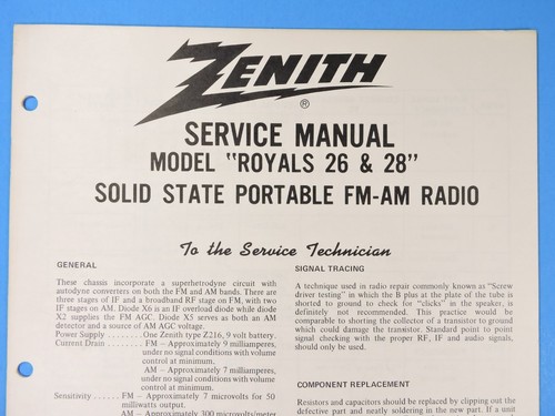 Vtg Zenith Model Royal 26 & 28 Transistor Portable FM-AM Radio Service ...
