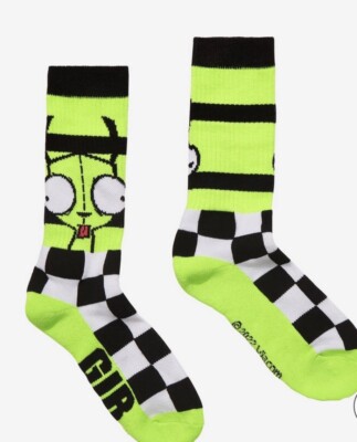 Nickelodeon Invader Zim GIR Green & Black Checkered Crew Socks | eBay
