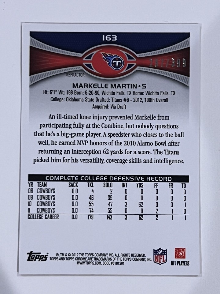 2012 TOPPS CHROME PINK REFRACTOR #163 MARKELLE MARTIN RC 200/399 TITANS ...