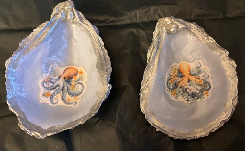 Set of 2 Octopus & Pearl Decoupaged Oyster Shells Home Decor ...