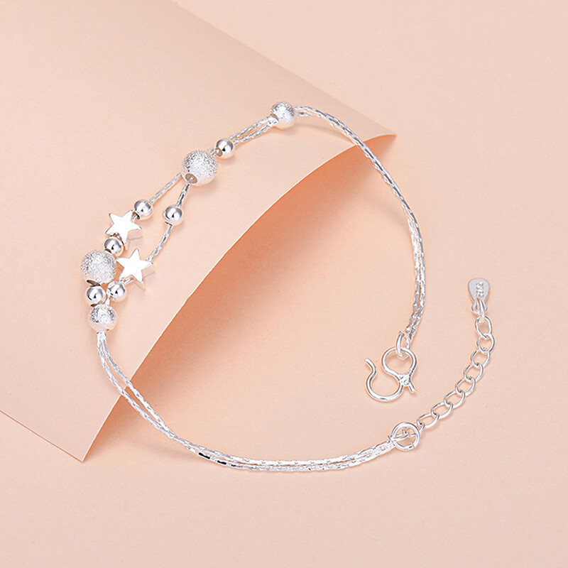 Silver Lucky Bead Charm Bracelet For Women Chain Round Bangles Fashion ...