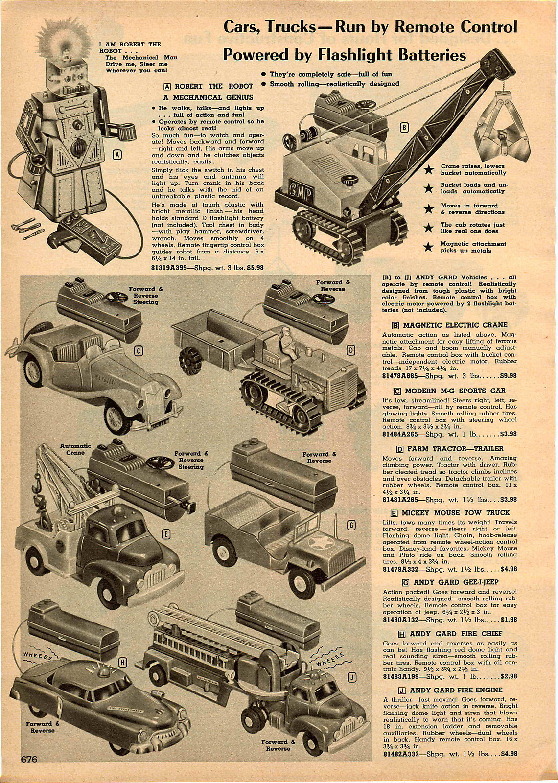 1956 ADVERT Toy Robert Robot Andy Gard Truck Cars Mickey Mouse Tow Dump ...