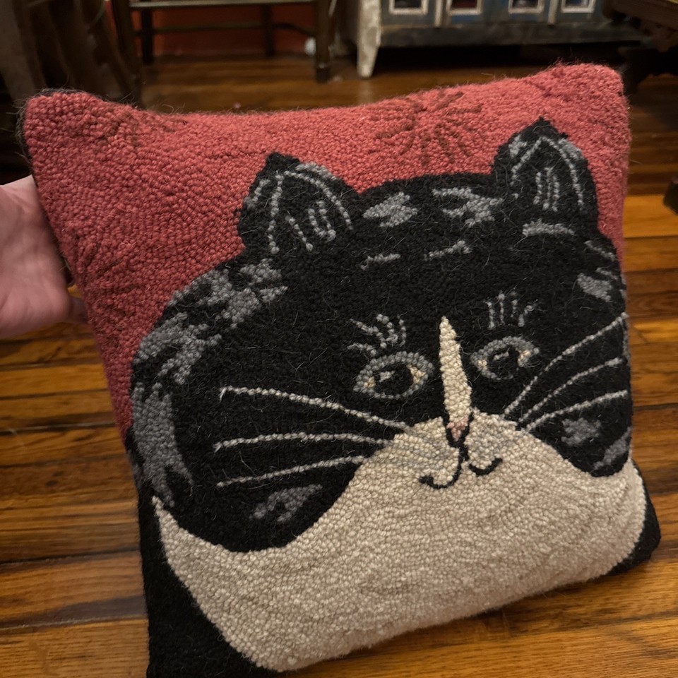 WARREN KIMBLE Fat Cat Hooked Rug WOOL Throw Pillow Pillow Insert~ 16x16 ...