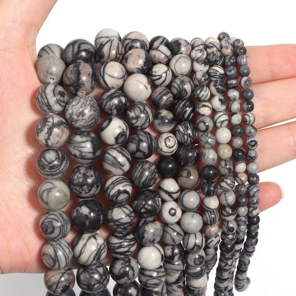 Natural Stone Black Network Round Spacer Beads Jewelry Making 4 6 8 10 ...