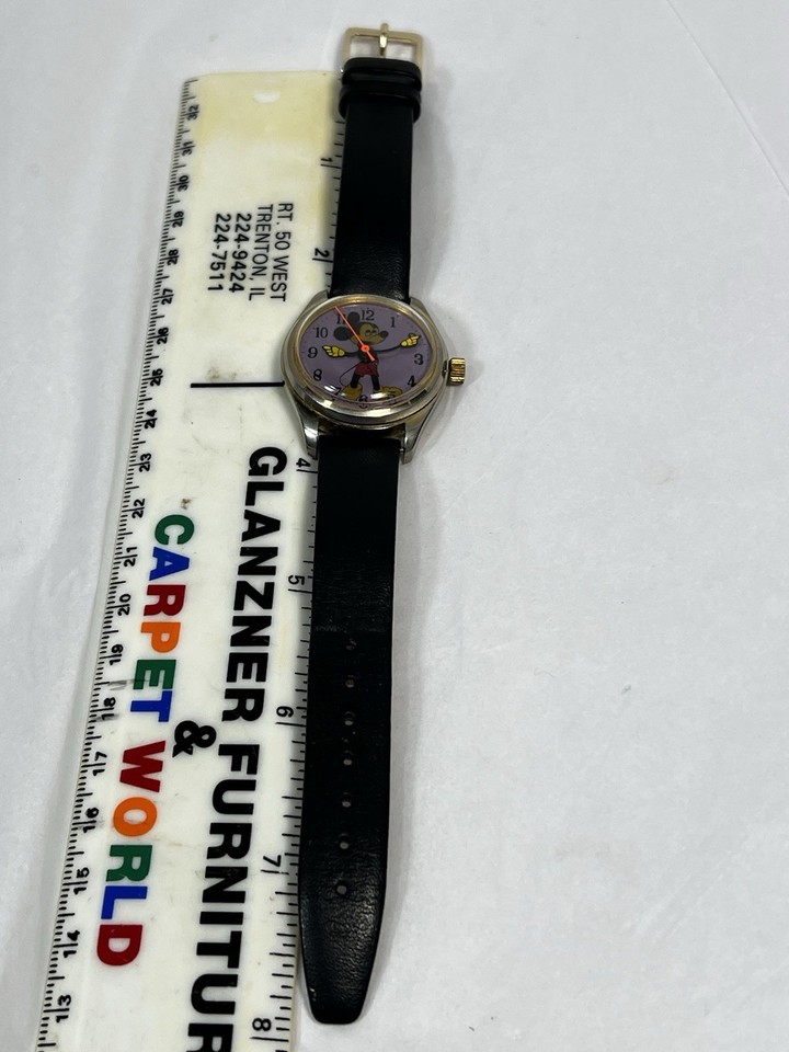 NICE! Vintage Mickey Mouse Mechanical Wind Watch w/Purple Dial & Red ...