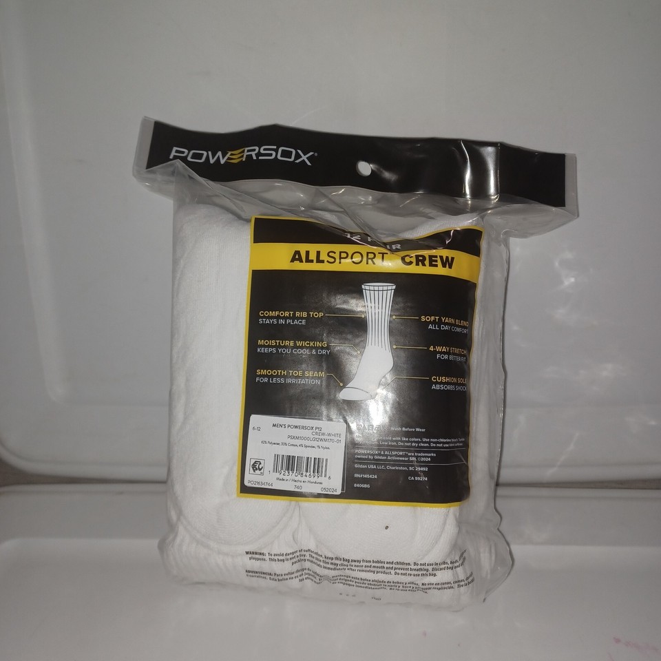 Powersox 12 pair White Allsport Crew Cut Socks, Moisture Wicking Size 6 ...