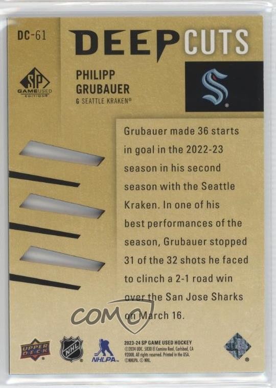 2023-24 Upper Deck SP Game Used Deep Cuts 134/250 Philipp Grubauer #DC ...