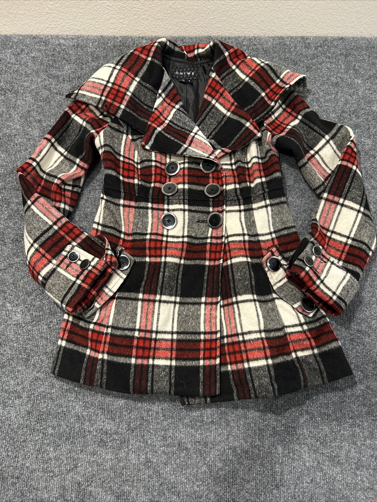 Chime Women's Winter Plaid Pea Coat Jacket Black/Red/White Size S | eBay