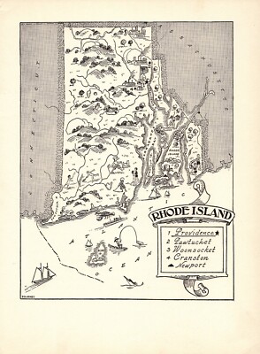 1950s Vintage RHODE ISLAND State Map Animated Rhode Island Picture Map ...