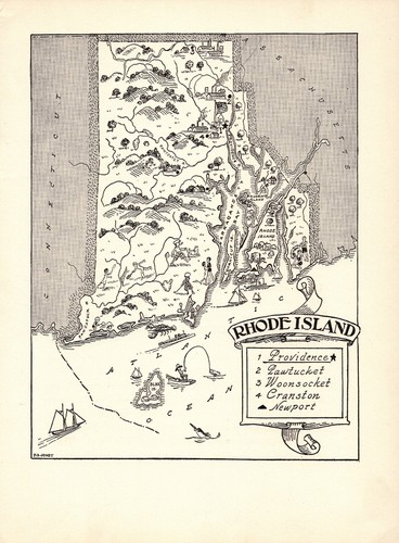1950s Vintage RHODE ISLAND State Map Animated Rhode Island Picture Map ...