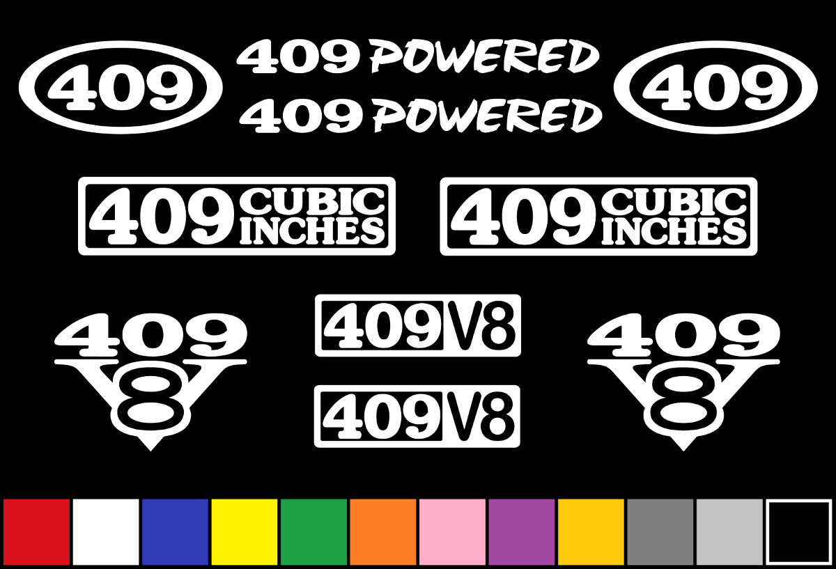 409 CI V8 POWERED 10 DECAL SET ENGINE STICKERS EMBLEMS FENDER BADGE ...