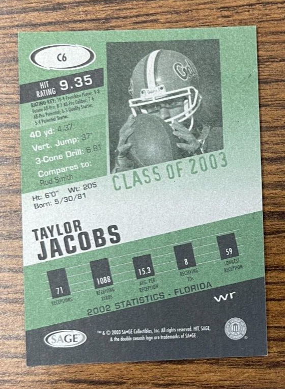 2003 Sage Card # C6 Taylor Jacobs - Florida Gators | eBay