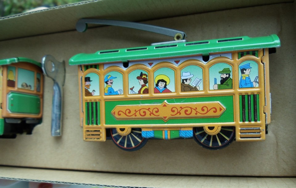 Christmas Trolley Train Green Set with Key / Box MS515 Tram & Wagon Tin ...
