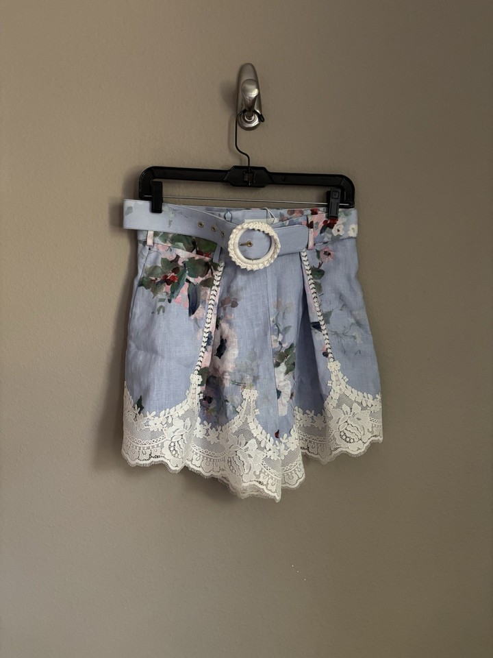 NWT Authentic Zimmermann Everley Floral Lace Trim Belted Tuck Shorts sz ...