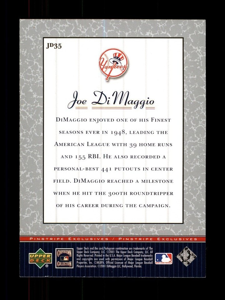 2001 UPPER DECK #JD35 JOE DIMAGGIO PINSTRIPE EXCLUSIVES - NEW YORK ...
