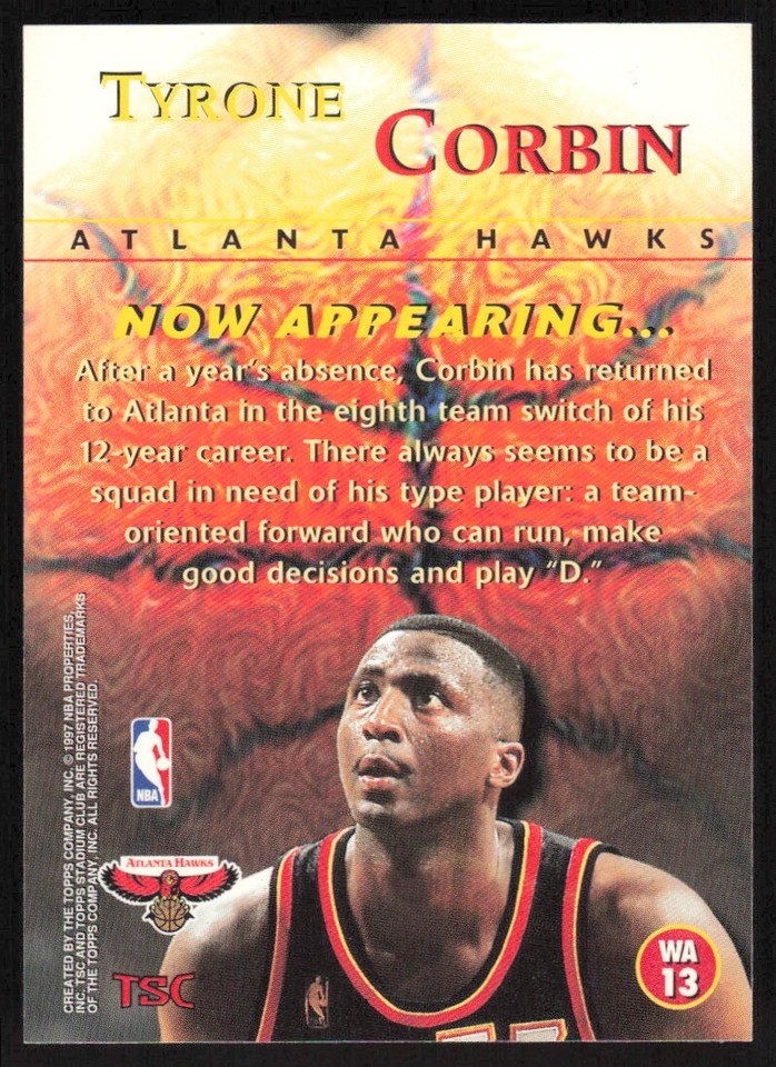 1996-97 Topps Stadium Club Welcome Addition Tyrone Corbin #WA13 Atlanta Hawks | eBay