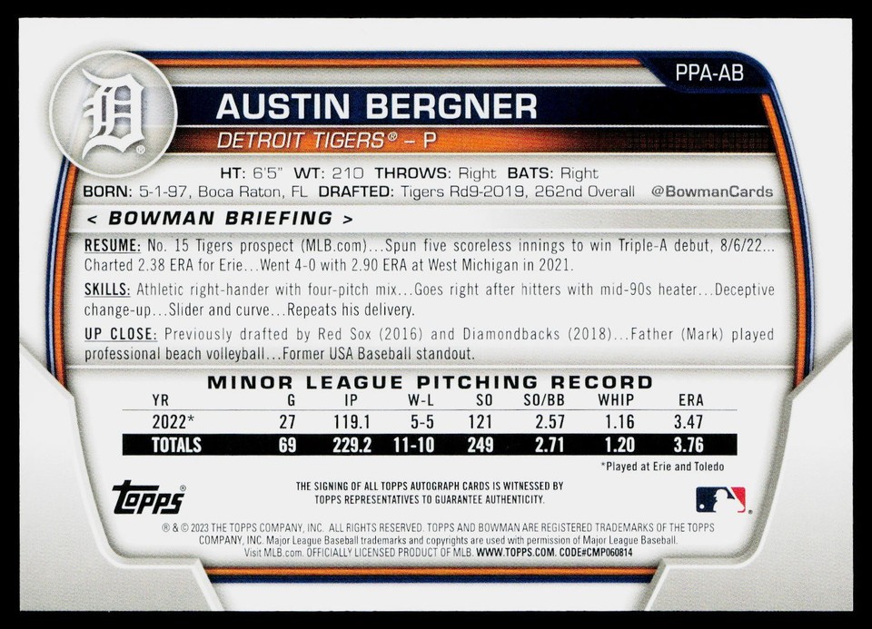 Austin Bergner 2023 Bowman #PPA-AB Prospects Autographs Detroit Tigers ...